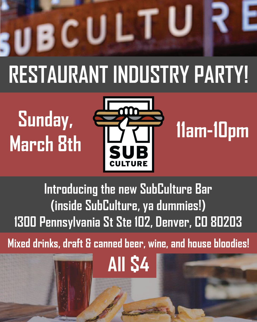 Subculture Bar "Restaurant Industry" Party! March 8th from 11am-11pm ...